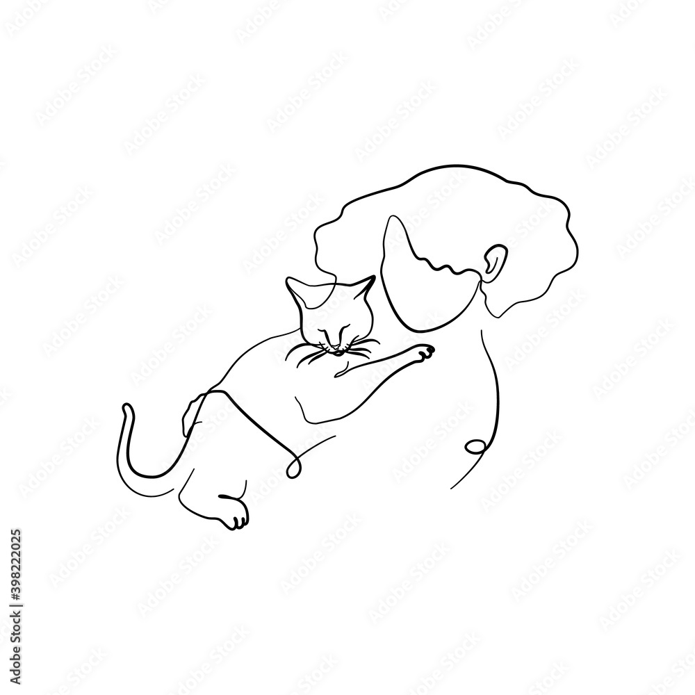 Single line drawing of a woman with a cat. Isolated on white background ...