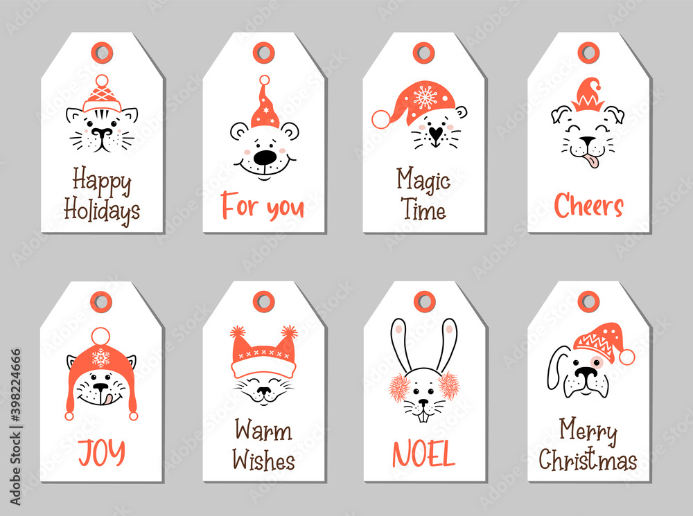 Christmas gift tags design with cute winter animal faces in hats and ...