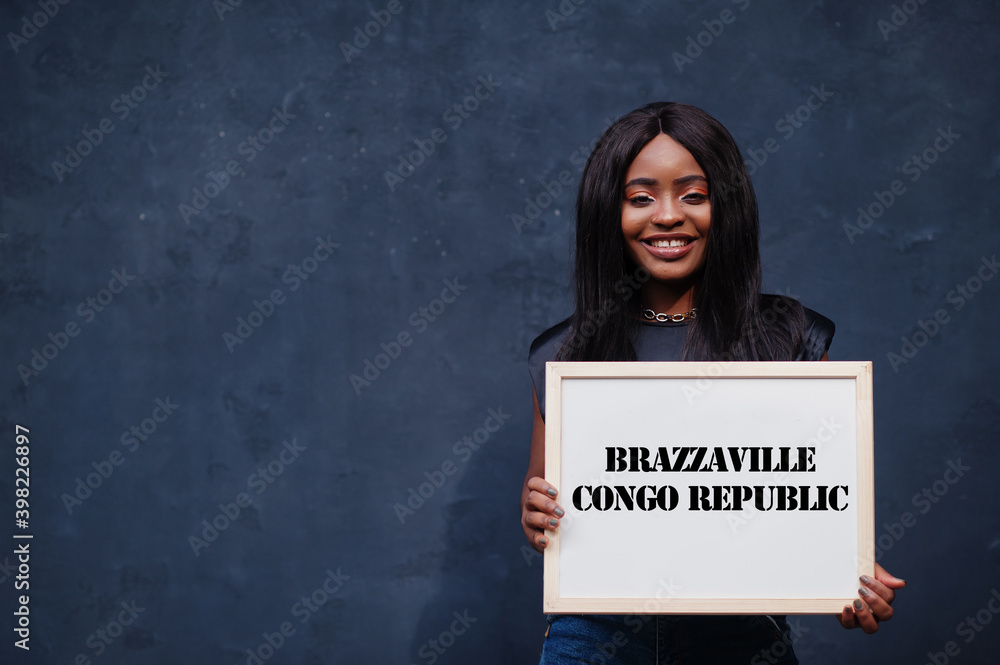 African woman hold white board with Brazzaville Republic of the Congo ...
