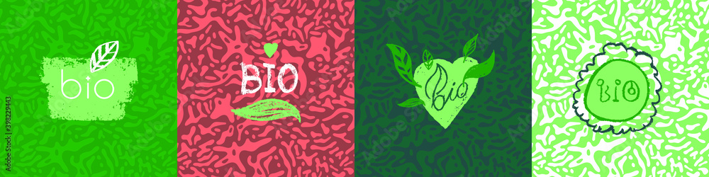 Bio badges set in vector hand drawn style. Insignia collection of Green ...