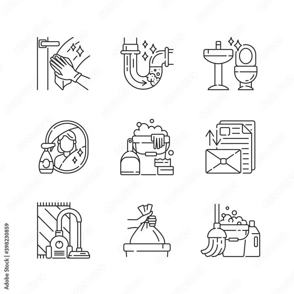 Housekeeping chores linear icons set. Cleaning and plumbing service ...