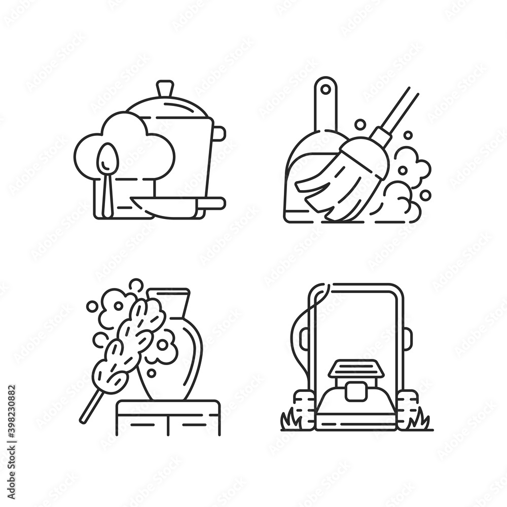 Household chores linear icons set. Cooking dinner, floor sweeping ...