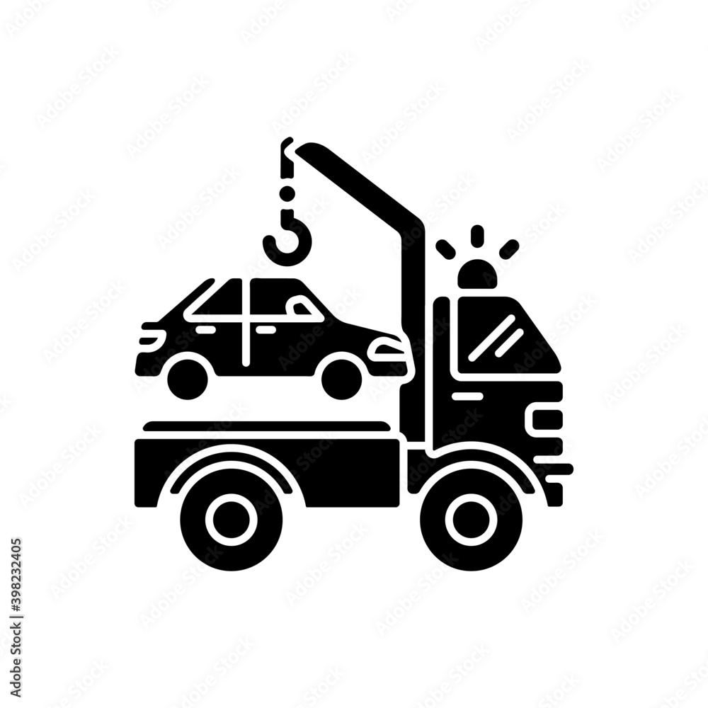 Towing service black glyph icon. Helping people to move their broken ...