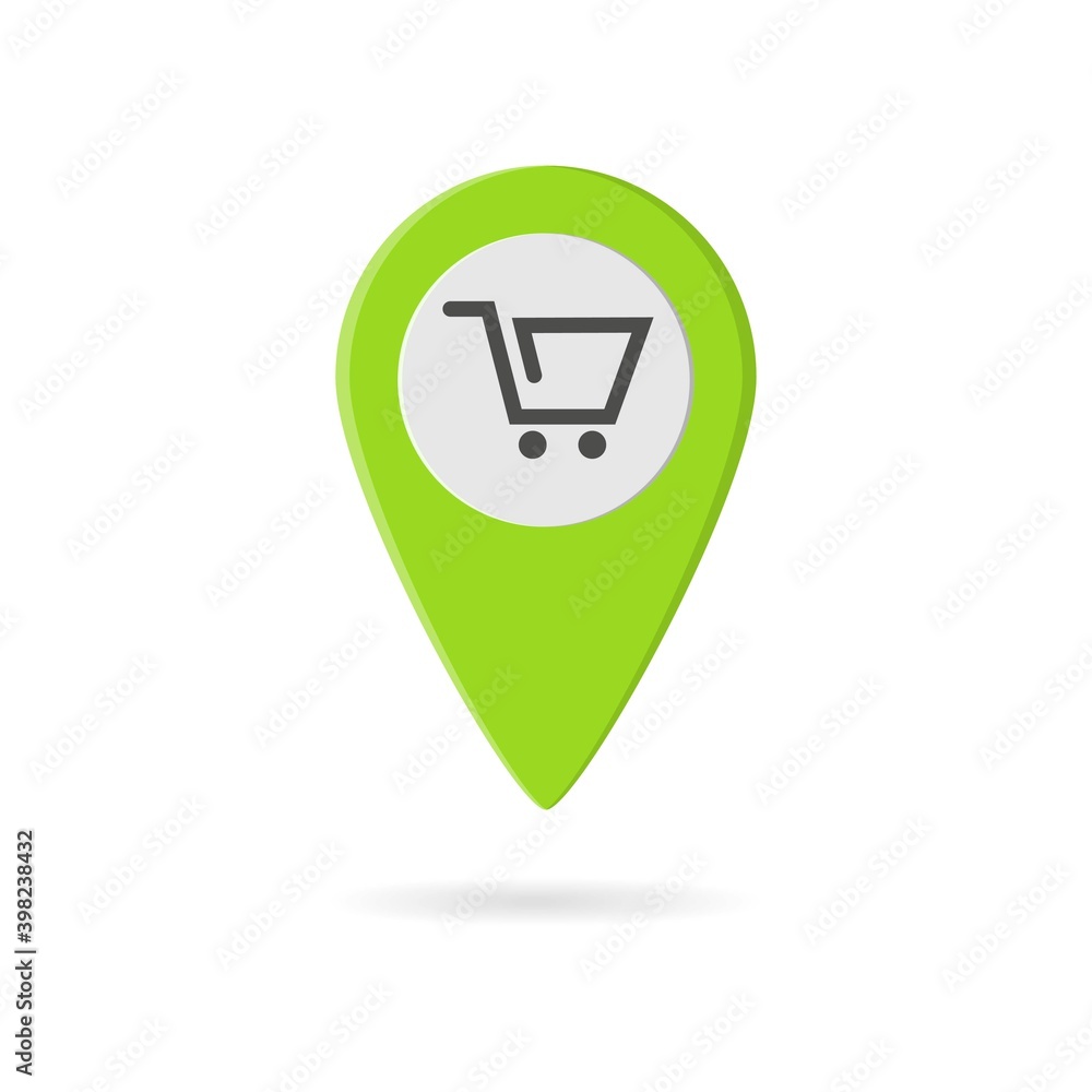 Supermarket, store, shop location icon. Green map pointer with shopping ...