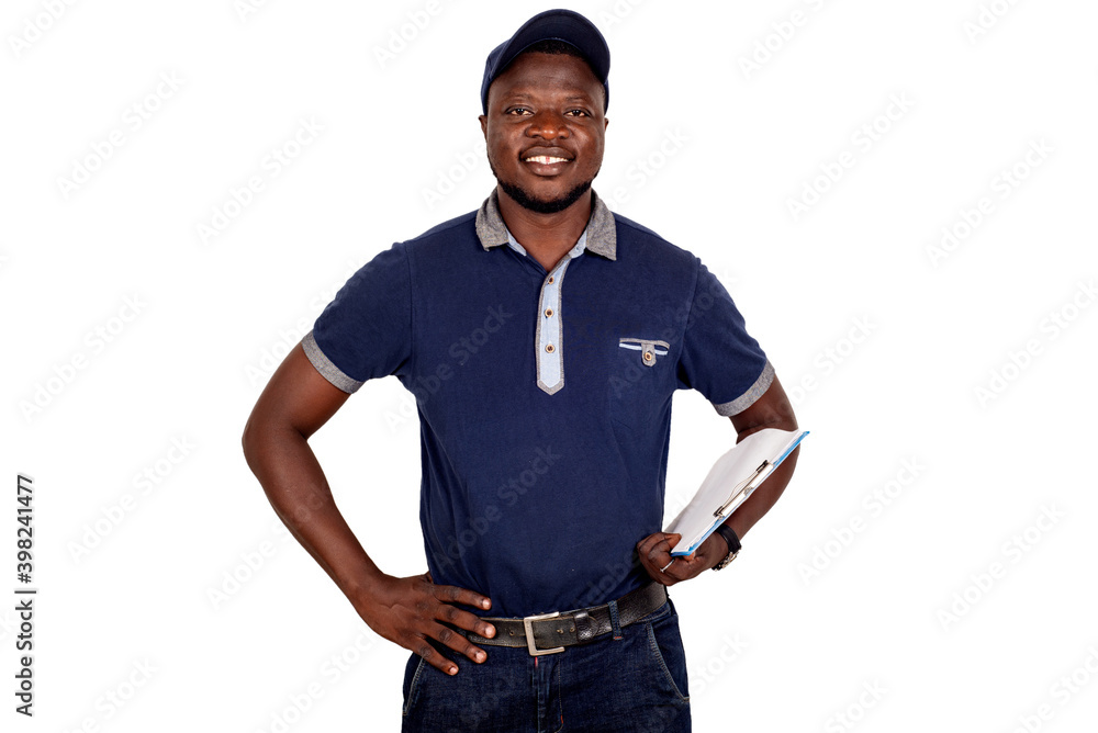young delivery man holding a paperweight with paper document Stock ...