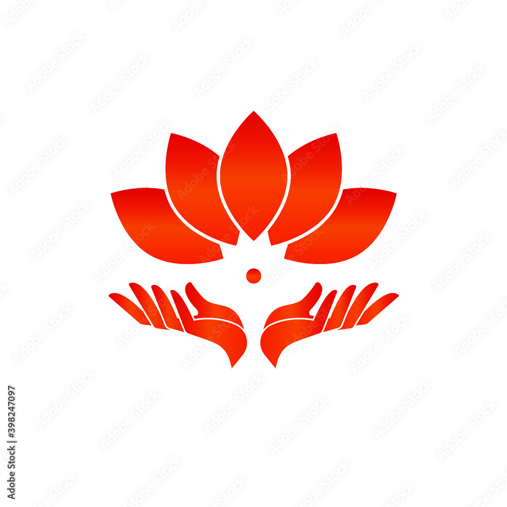Two hands, palms up, hold a lotus flower. Fire color gradient. Vector ...