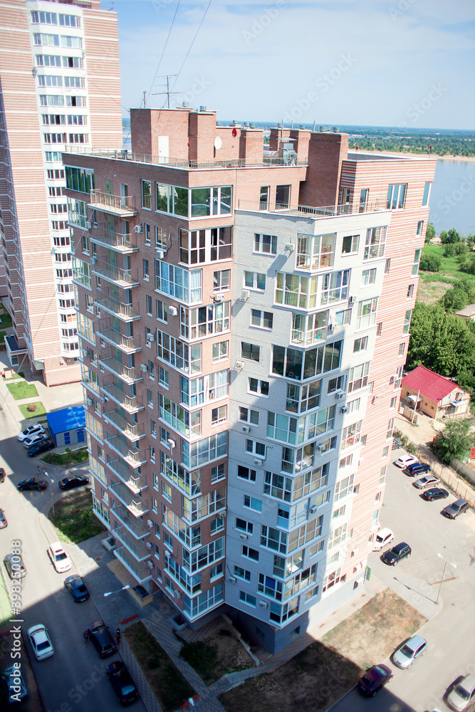 High multi-storey modern residential building. Top view of the ...