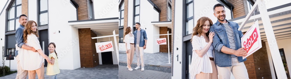 Collage of happy couple hugging, looking at sign with sold lettering ...