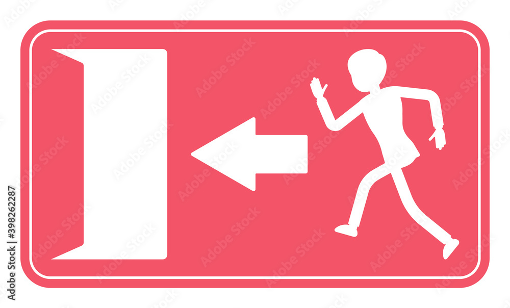 Emergency door exit sign, red safety evacuation indicator. Running man ...