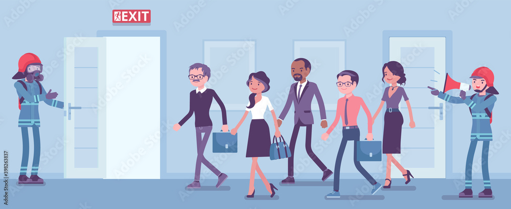 Firemen conducting regular fire and evacuation drills. Building ...