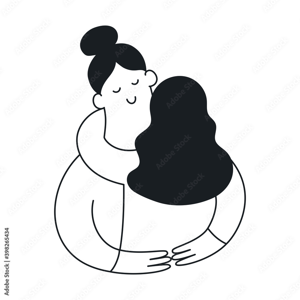 Friendship, hug a close friend or loved one. Cute black and white ...