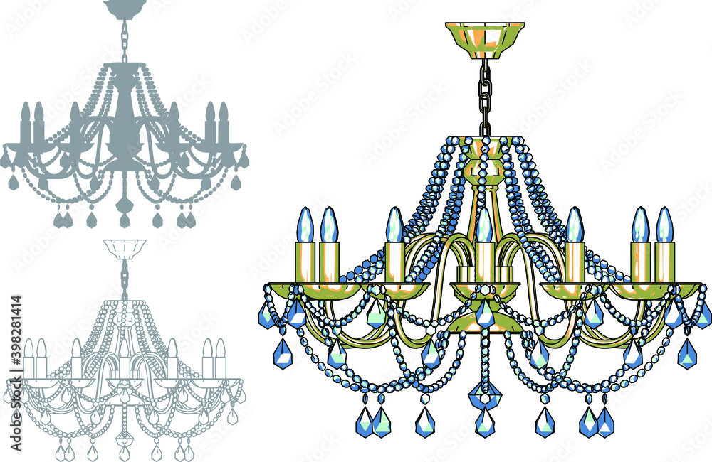 Chandelier vector illustration set. Line art, silhouettes, paint. Stock ...