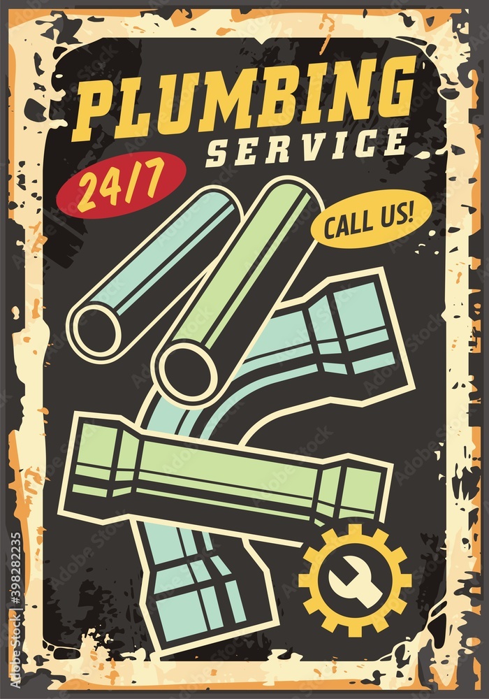 Plumbing service vintage sign with creative typography and water pipes ...