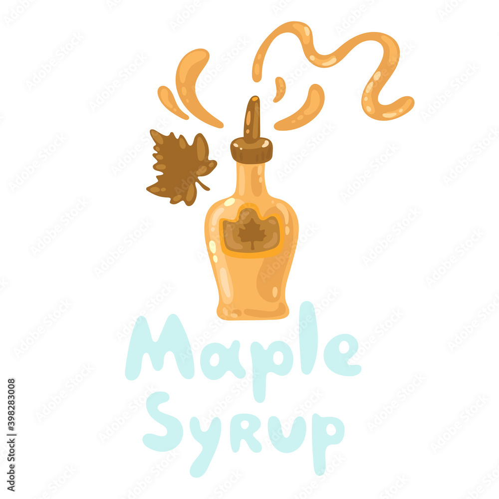 Maple syrup and topping. Tasty flavor food. Cartoon flat style. Bottle ...