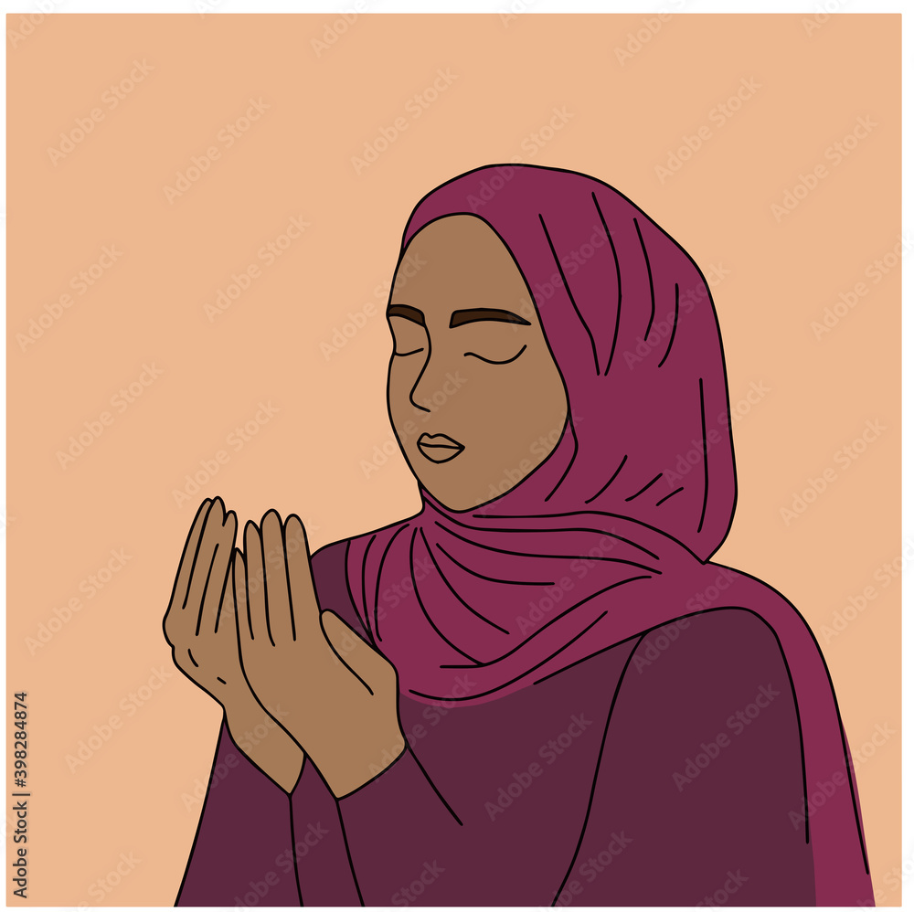 Muslim woman makes traditional prayer to God, keeps hands in praying ...
