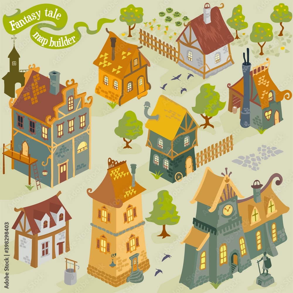 Fairy tale fantasy map colorful architecture building and landmark ...