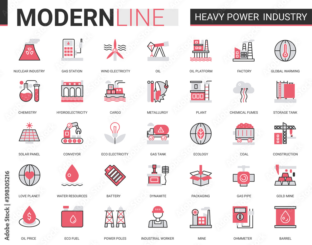 Heavy power industry flat thin red black line icon vector illustration ...