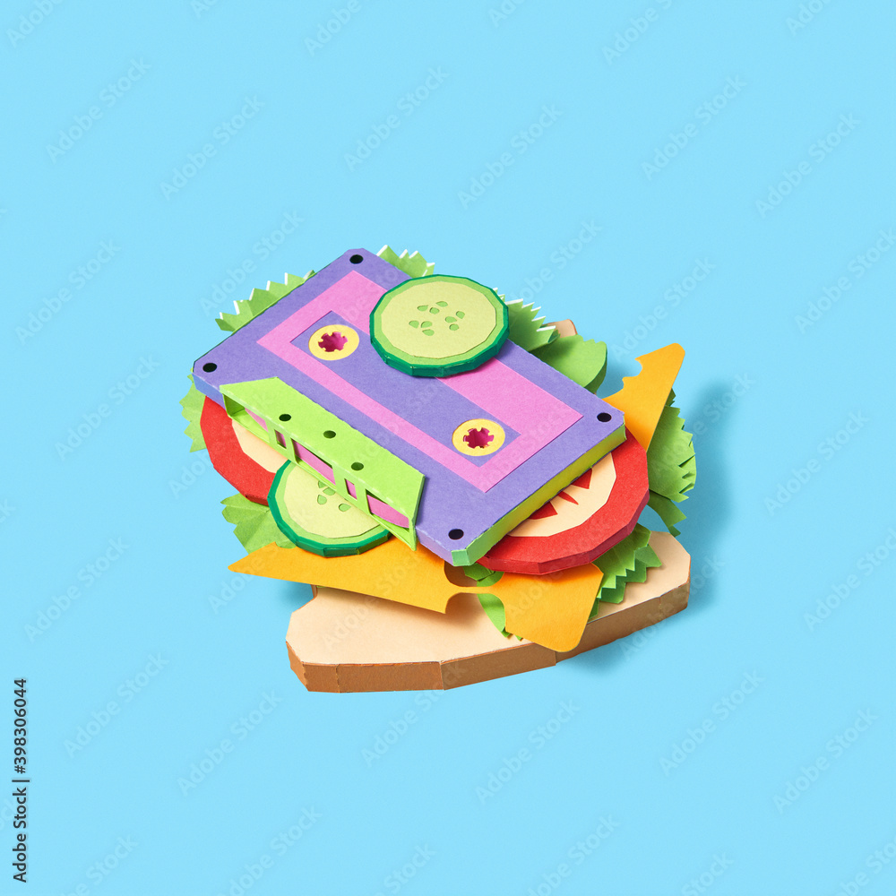 Papercraft sandwich from vegetables and retro cassette. Stock Photo ...