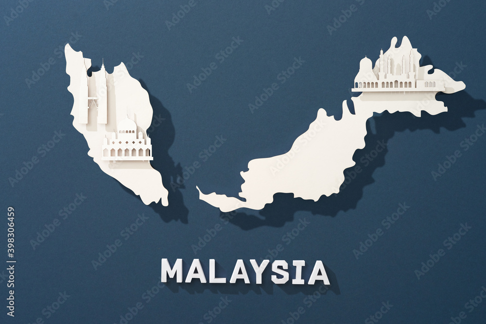 Malaysia map with famous landmarks in paper cut style Stock Photo ...