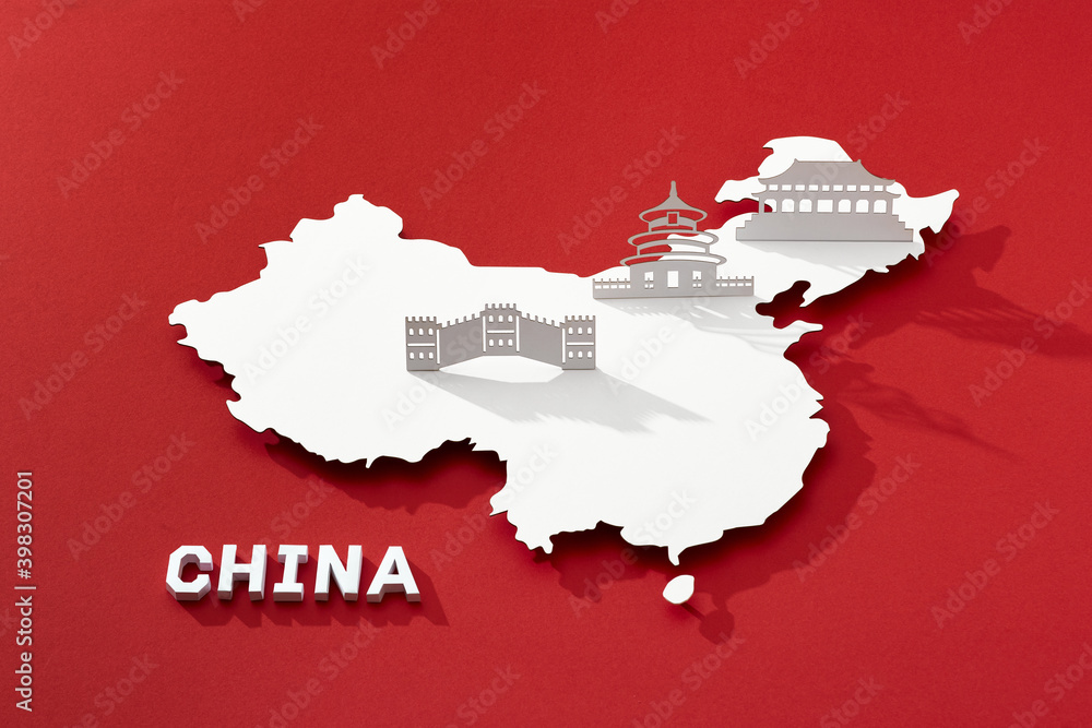China map cutted from paper with nationals symbol. Travel concept ...
