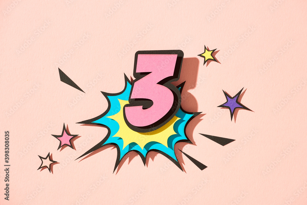 Three. Number 3 in style of comics, pop art Stock Photo | Adobe Stock