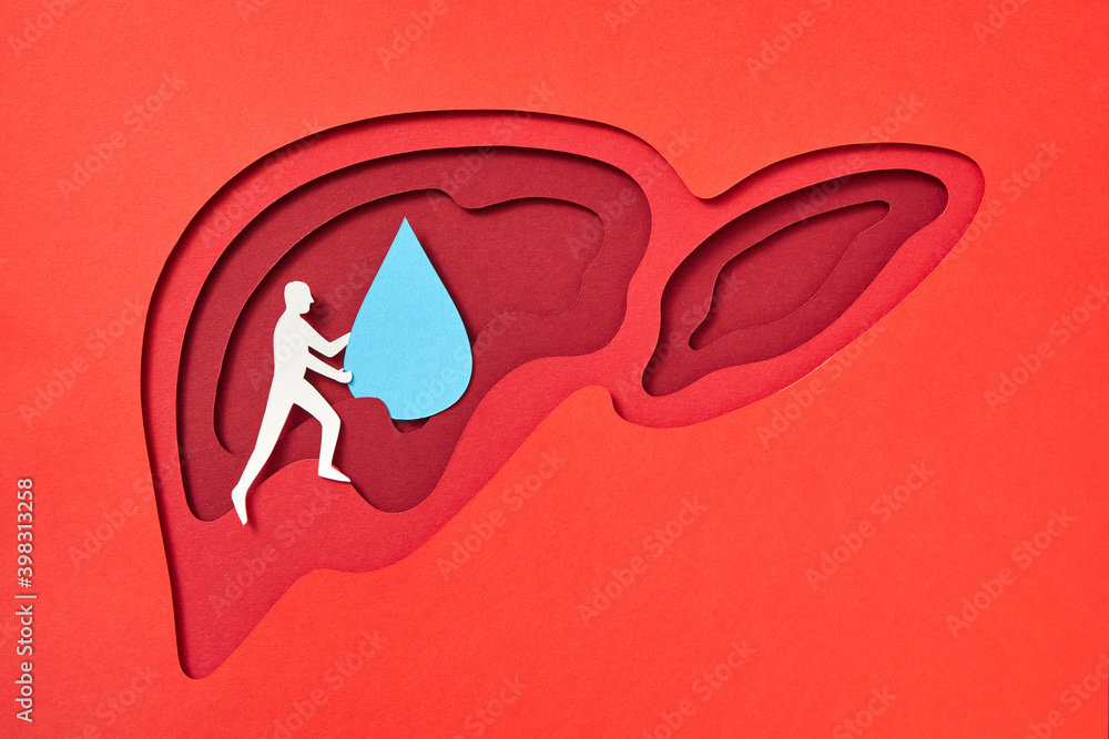Papercraft composition of human liver and paper man with blue water ...