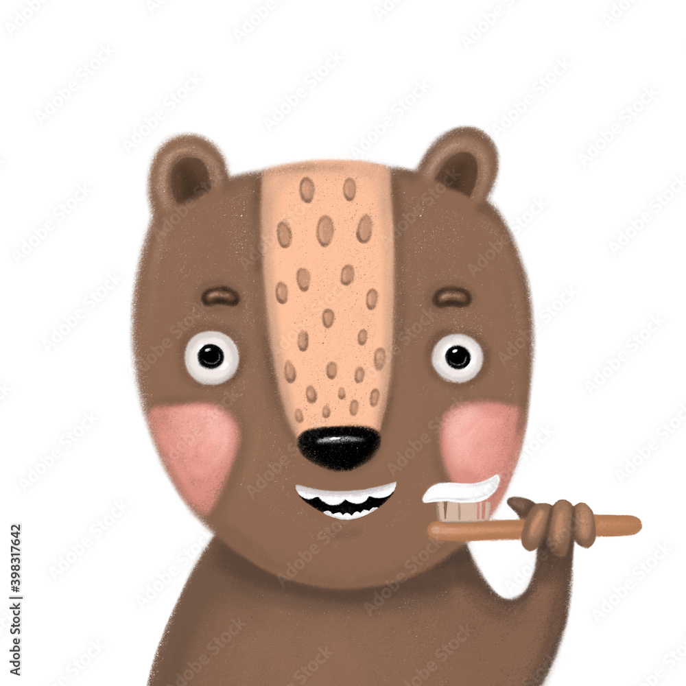Cute nursery character bear icon cleaning teeth with a toothpaste and ...