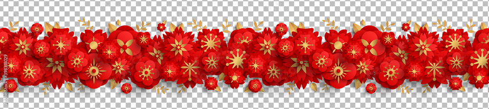 Chinese seamless border with red paper cut flowers and gold leaves ...