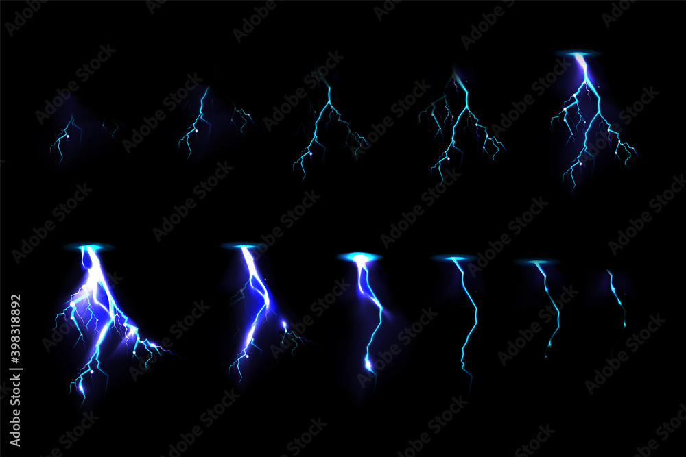 Sprite sheet with lightnings, thunderbolt strikes set for game fx animation. Vector realistic ...