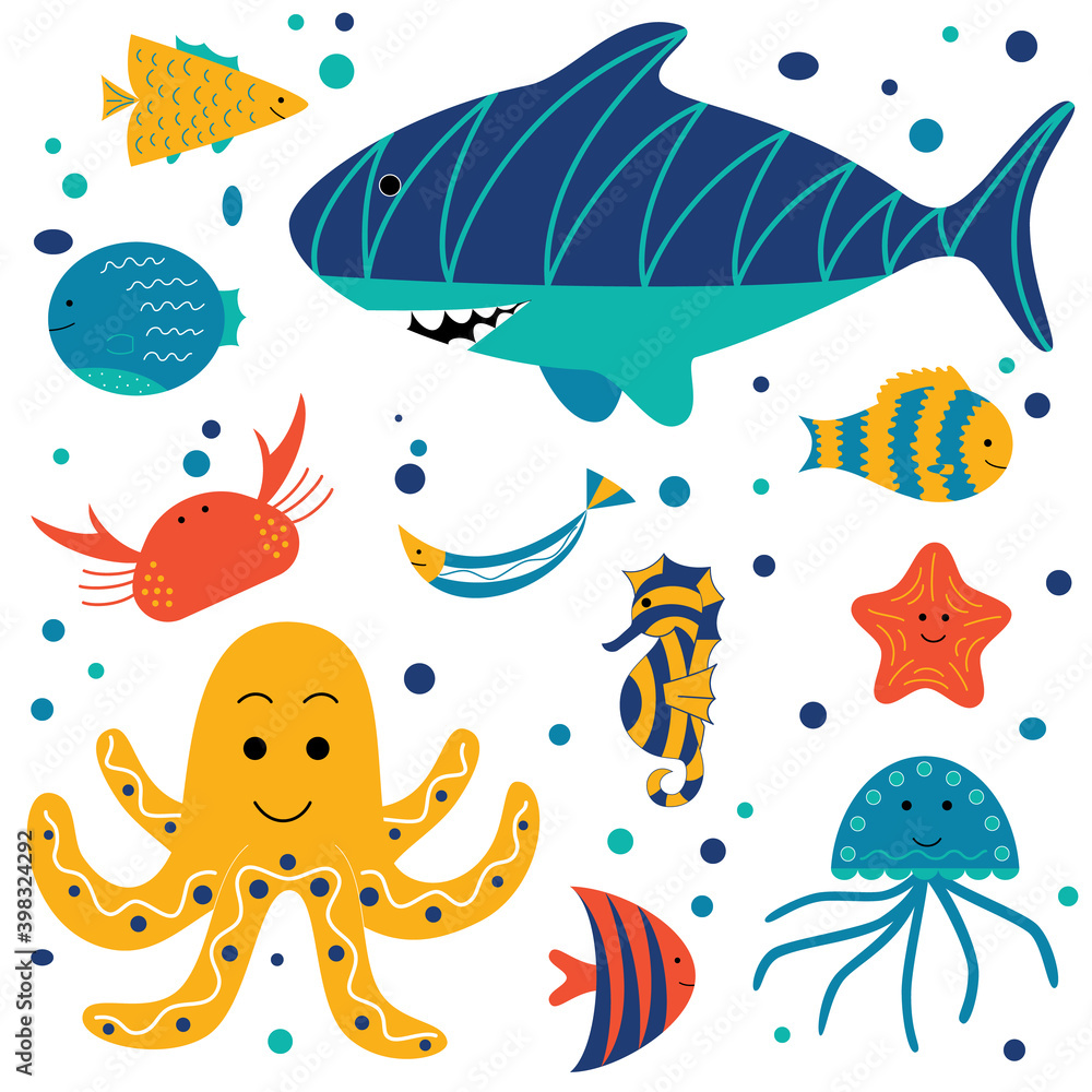 Set with cute smiling sea animals - shark, seahorse, crab, octopus ...