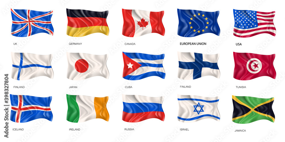Realistic waving national flags. Flags with inscription countries names ...