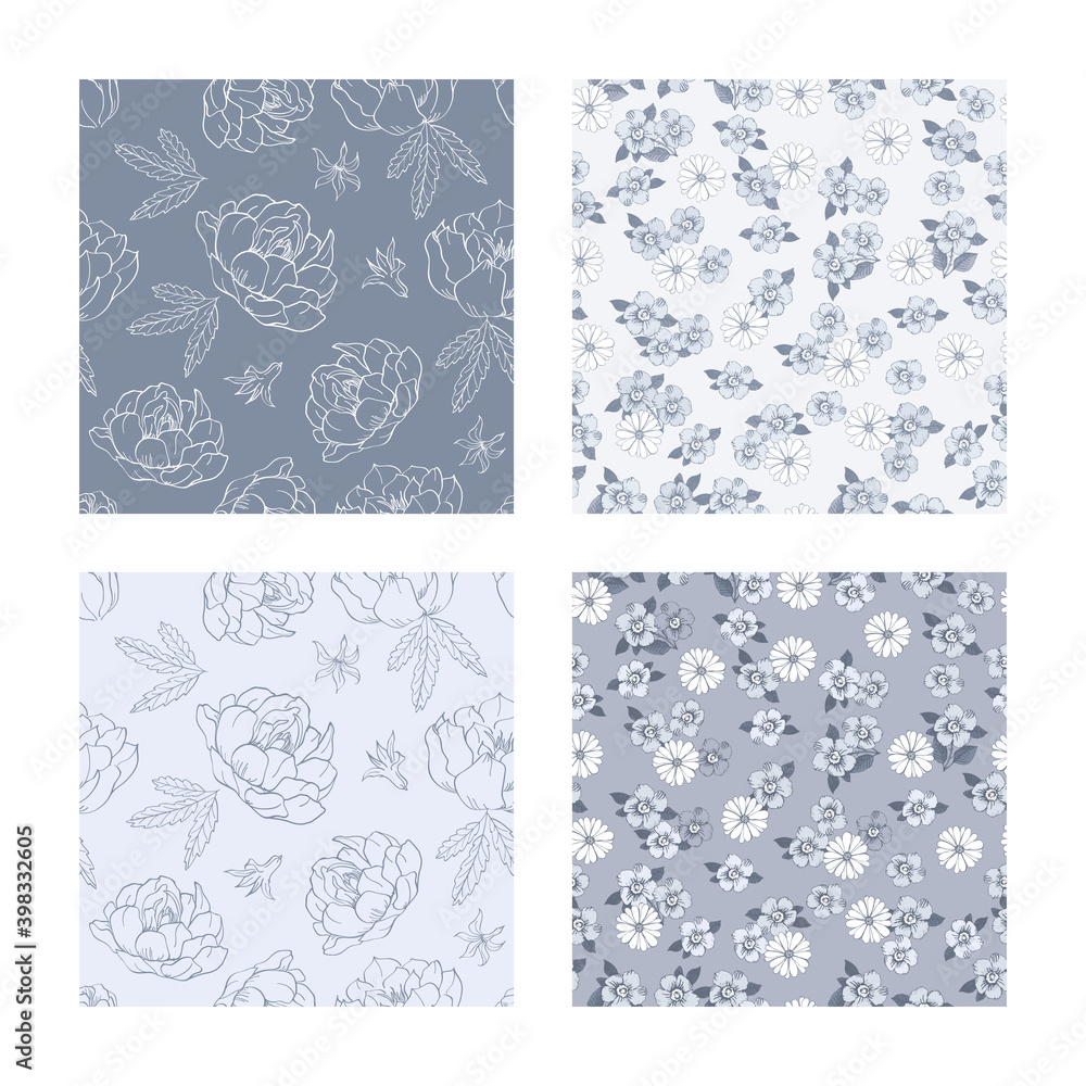 Set of seamless pretty patterns with grey flowers and leaves. Floral ...