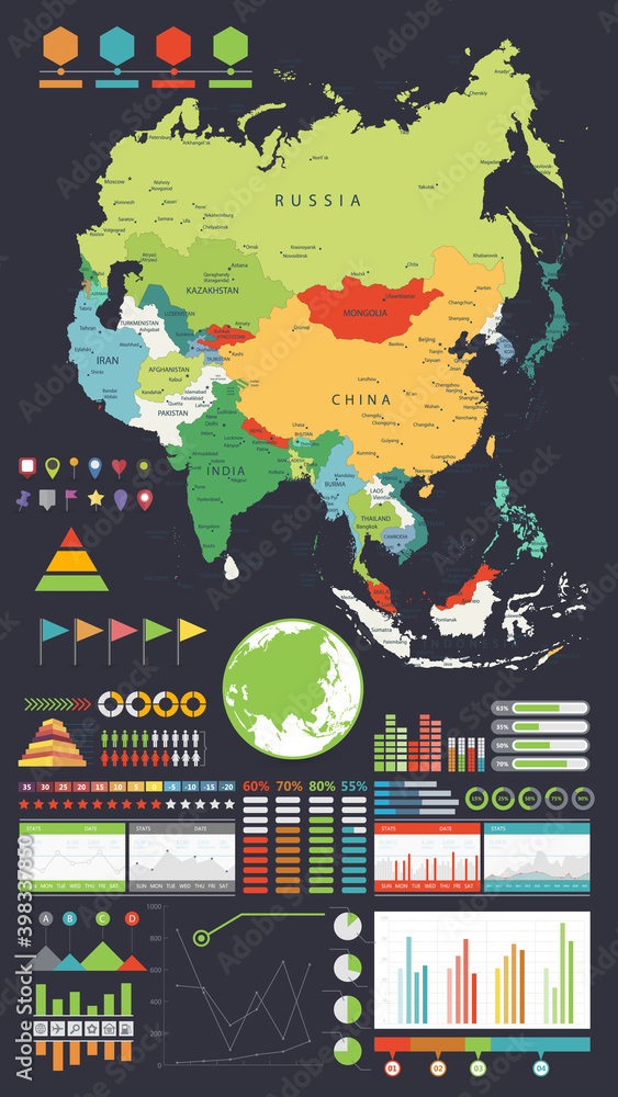 Asia map and Infographics design elements Stock Vector | Adobe Stock