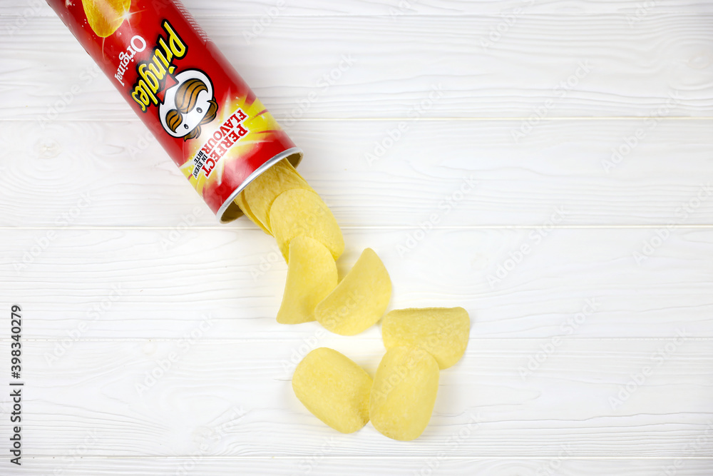 Pringles original flavour. Cardboard tube can with Pringles potato ...