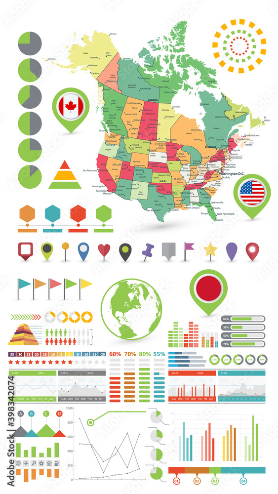 USA and Canada map and Infographics design elements. On white Stock ...