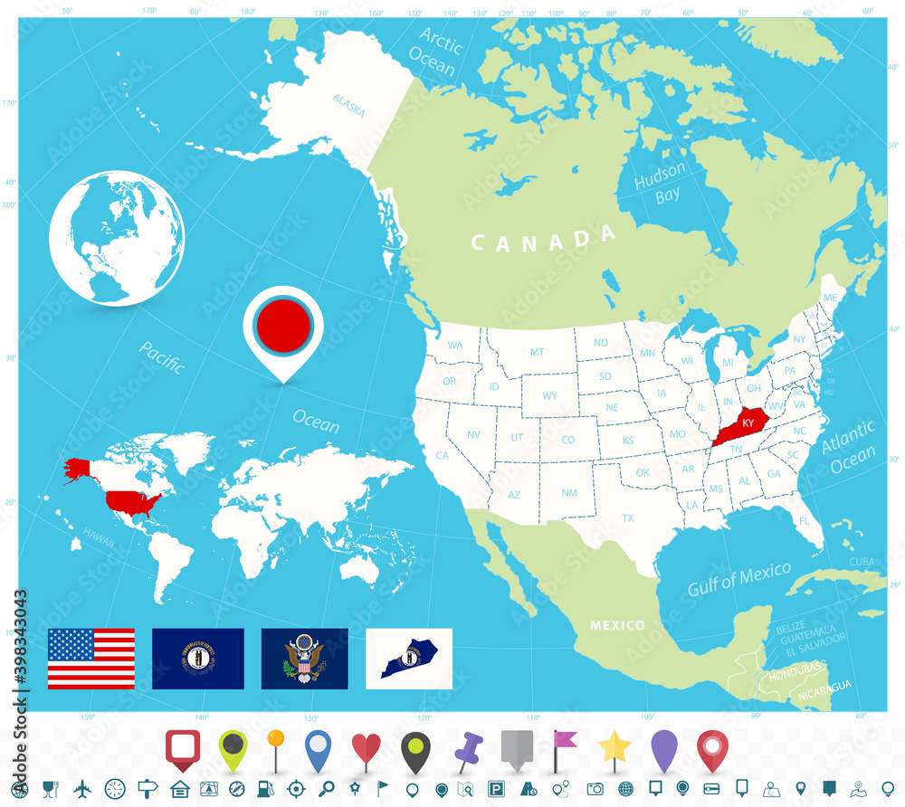 Location of Kentucky on USA map with flags and map icons Stock Vector ...