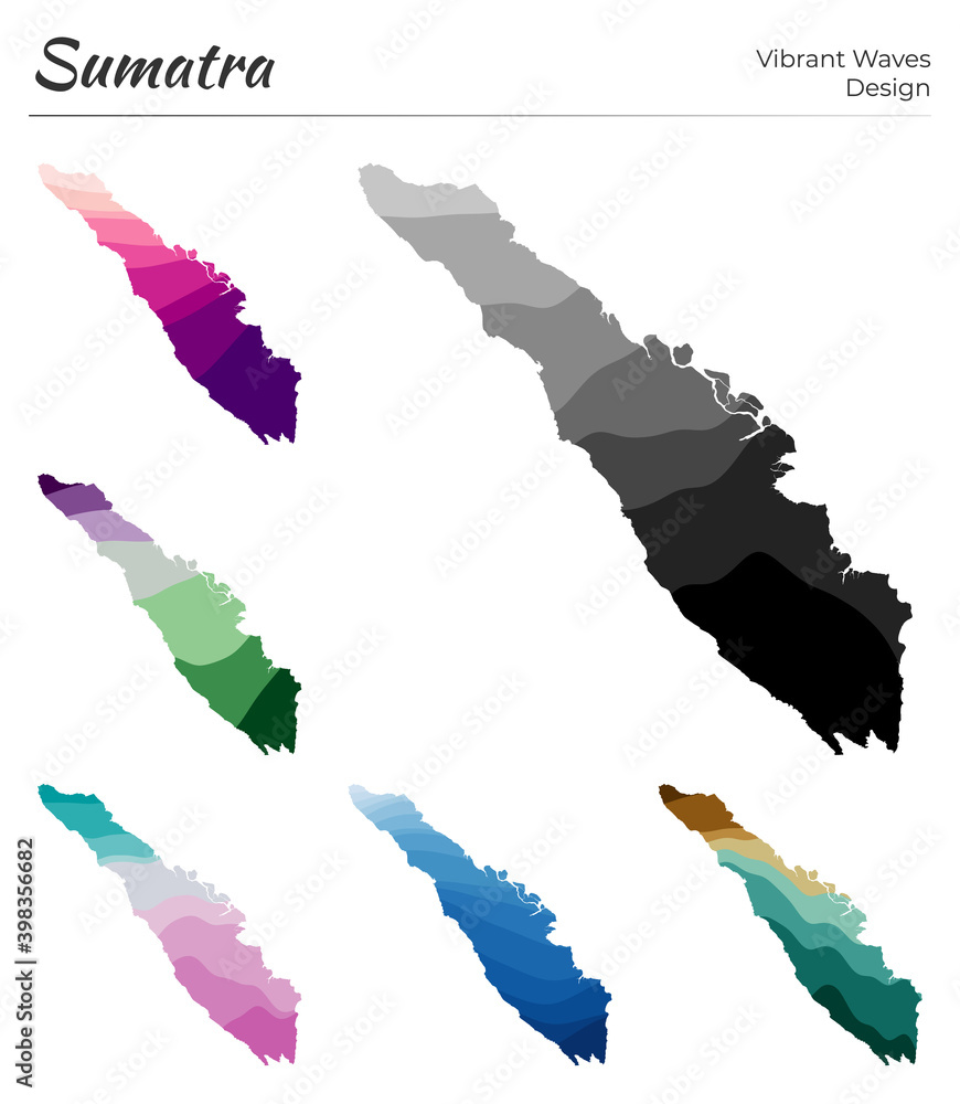 Set of vector maps of Sumatra. Vibrant waves design. Bright map of ...