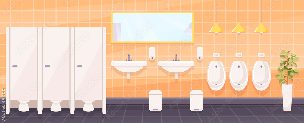 Public toilet for men, empty wc restroom interior with closed cubicles ...