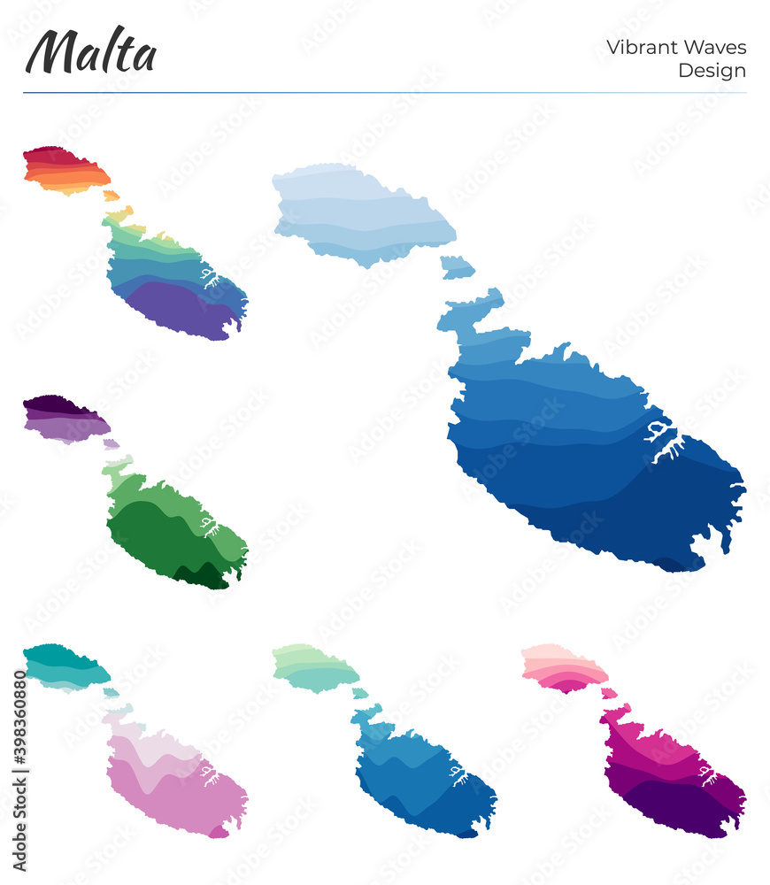 Set of vector maps of Malta. Vibrant waves design. Bright map of island ...