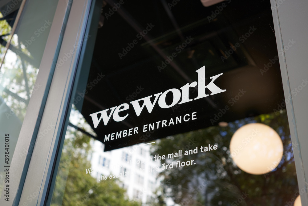 Portland, Oregon, USA - Sep 6, 2019: The WeWork logo at the entrance to ...