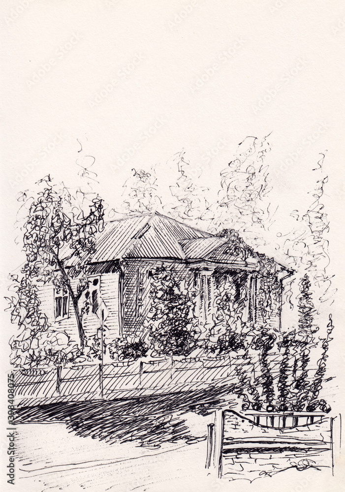 Vintage ink illustration of old Eastern European house with pillars ...
