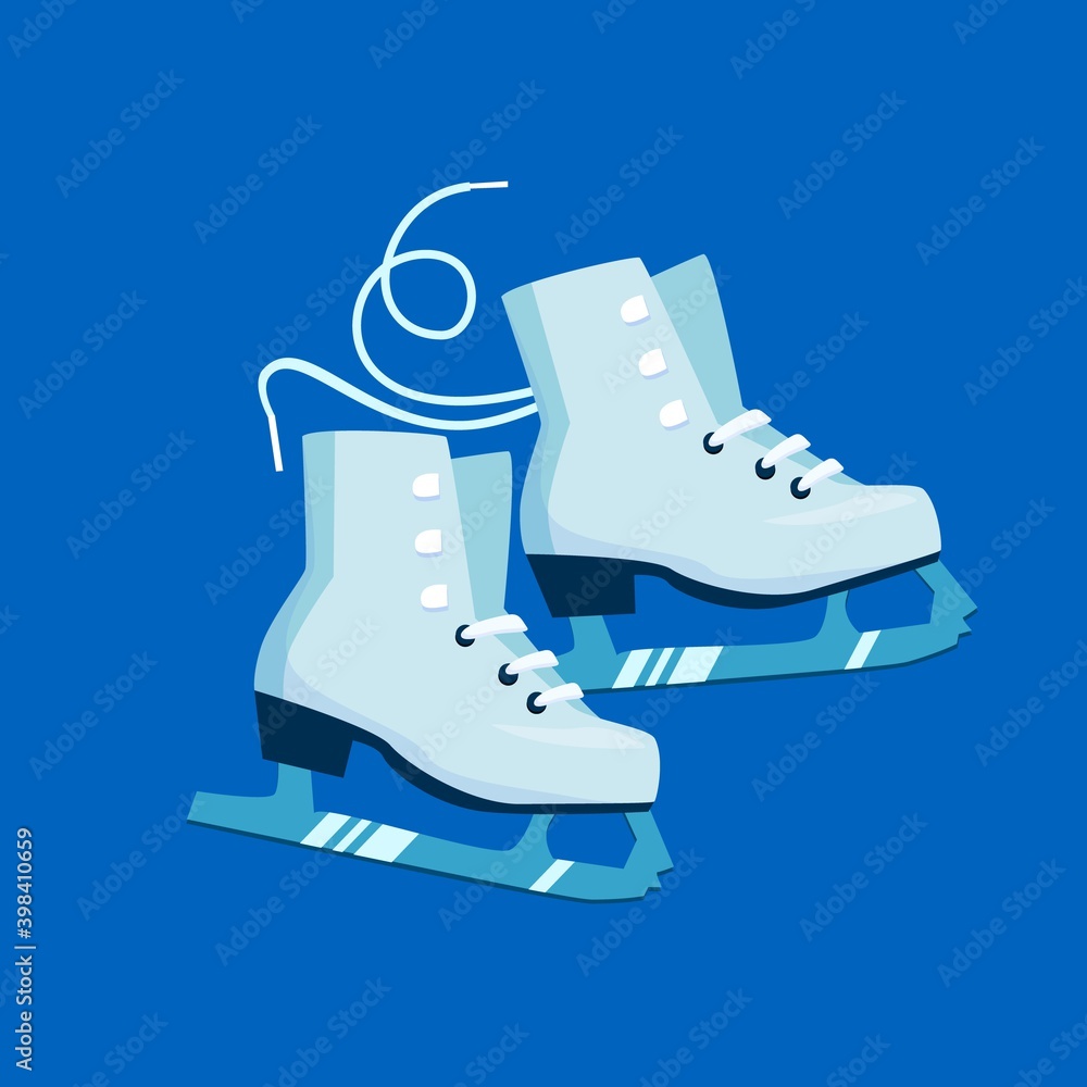 White flat cartoon ice skates and blade trails on blue background ...