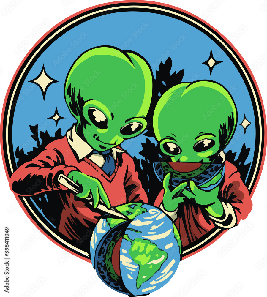 Green Aliens Eating Earth Cake Stock Vector | Adobe Stock