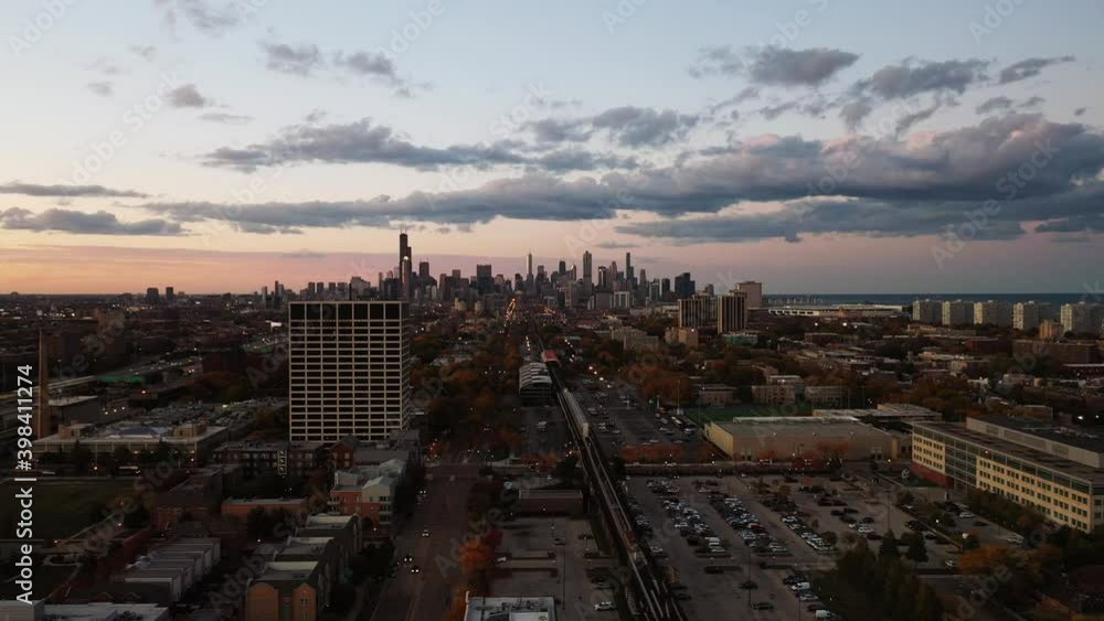 Incredible aerial view of the Chicago city skyline at sunset from the ...