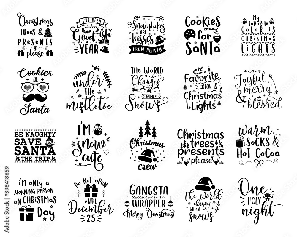 Christmas lettering quotes set. Silhouette calligraphy designs for xmas ...