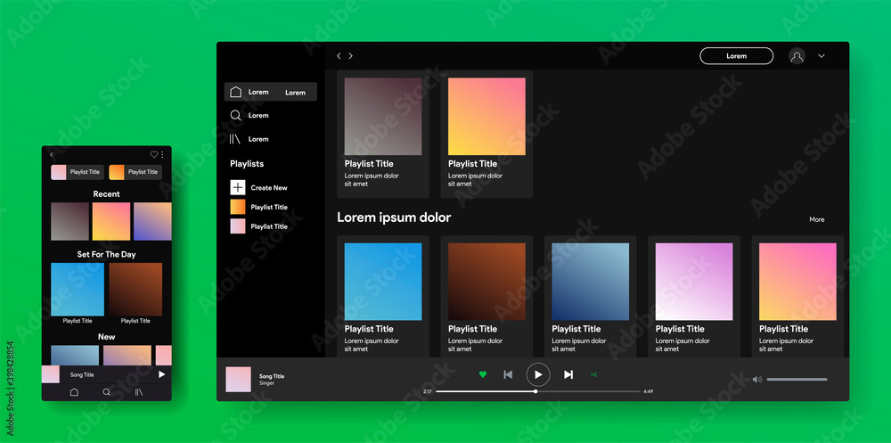 Responsive music player design. Spotify desctop interface. Profile ...