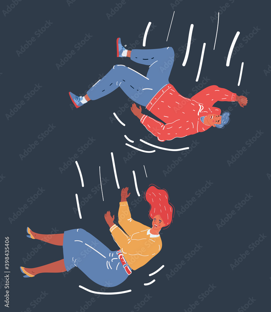 Vector illustration of young people falling from sky. Man and woman on ...