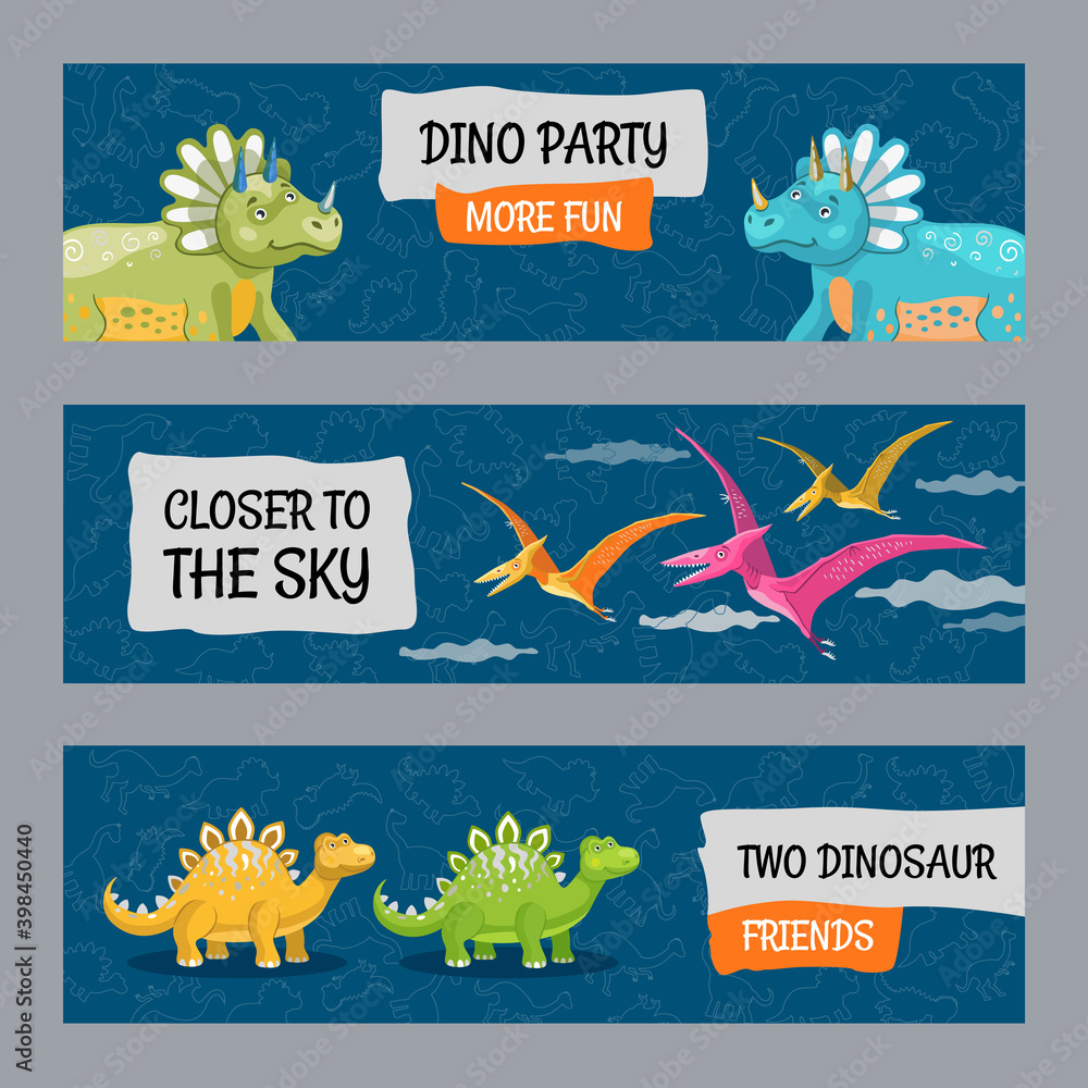 Promotional banner designs with cute dinosaurs. Dino party banners on ...