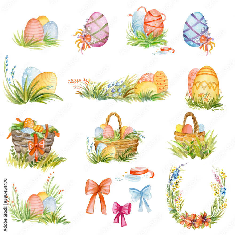 Watercolor illustration of isolated Easter elements - Easter eggs, basket with eggs, ribbon ...