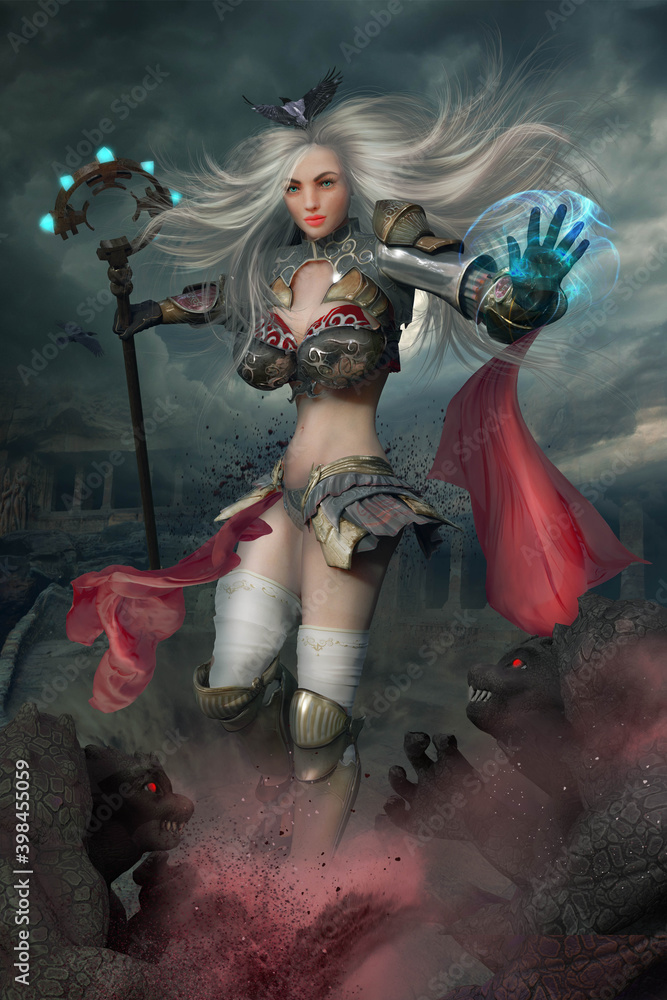A 3d Illustration Depicting A Fantasy Epic Scene With A Sexy Witch Fighting Demons With Her